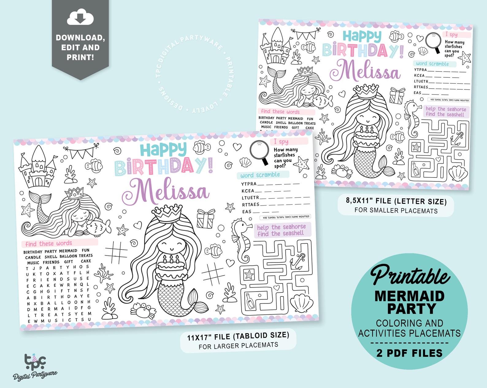 Editable Mermaid Party Placemat | Printable Under the Sea Birthday ...