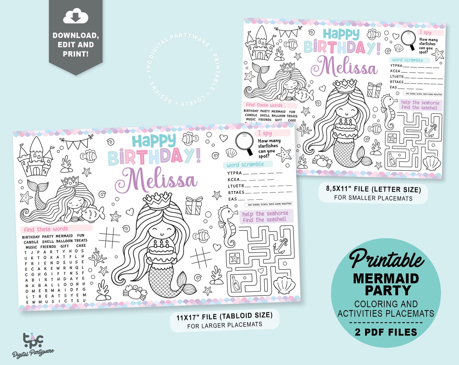 Editable Mermaid Party Placemat | Printable Under the Sea Birthday ...