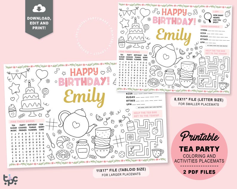 Editable Tea Party Placemat | Printable Par-tea Birthday Coloring Page ...