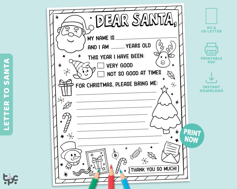Letter to Santa Coloring Page: Printable Kids Christmas Wish List ...