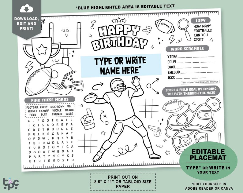 Editable Football Party Placemat | Printable Game Night Coloring Page ...