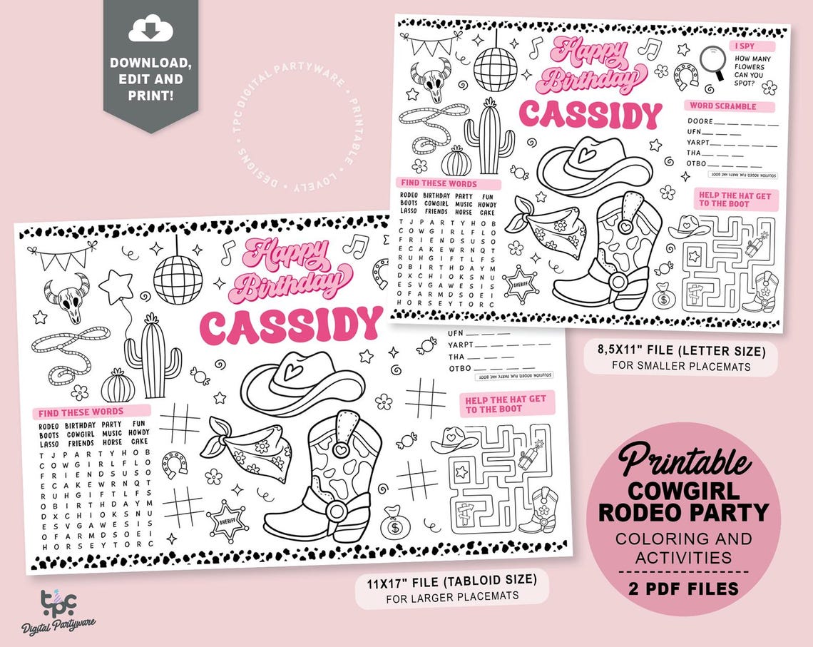 Editable Pink Cowgirl Birthday Party Placemat | Printable Disco Cowgirl ...