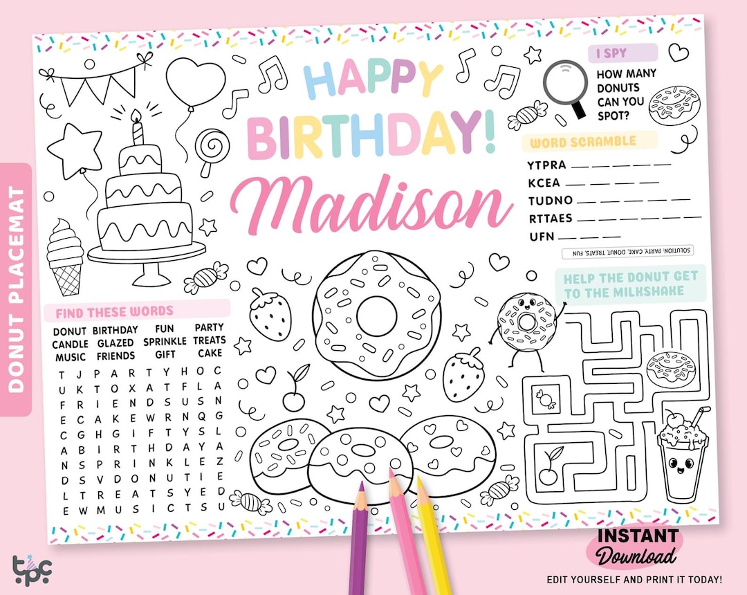 Donut Birthday Party Coloring Placemat | Printable Sweet Celebration ...