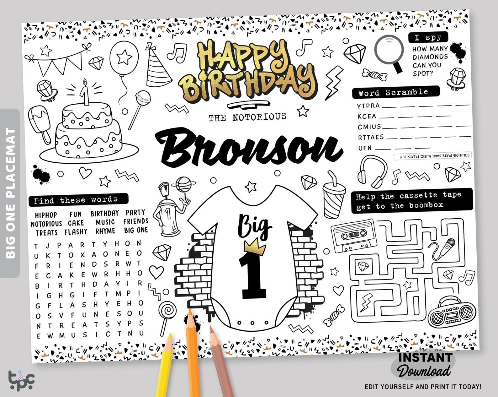 The Notorious Birthday Party Placemat | Printable Big One Kids Coloring ...
