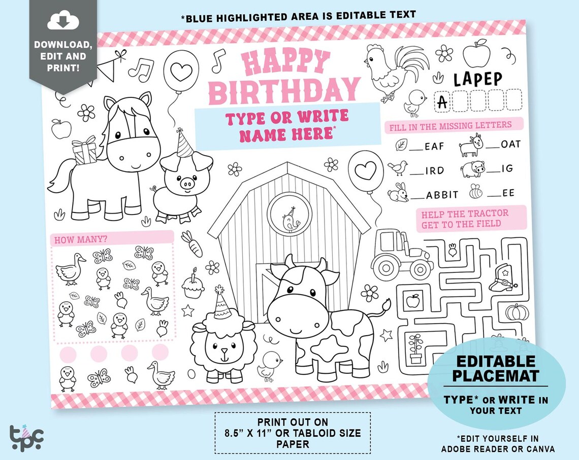 EDITABLE Pink Farm Party Coloring Placemat | Printable Cowgirl Birthday ...