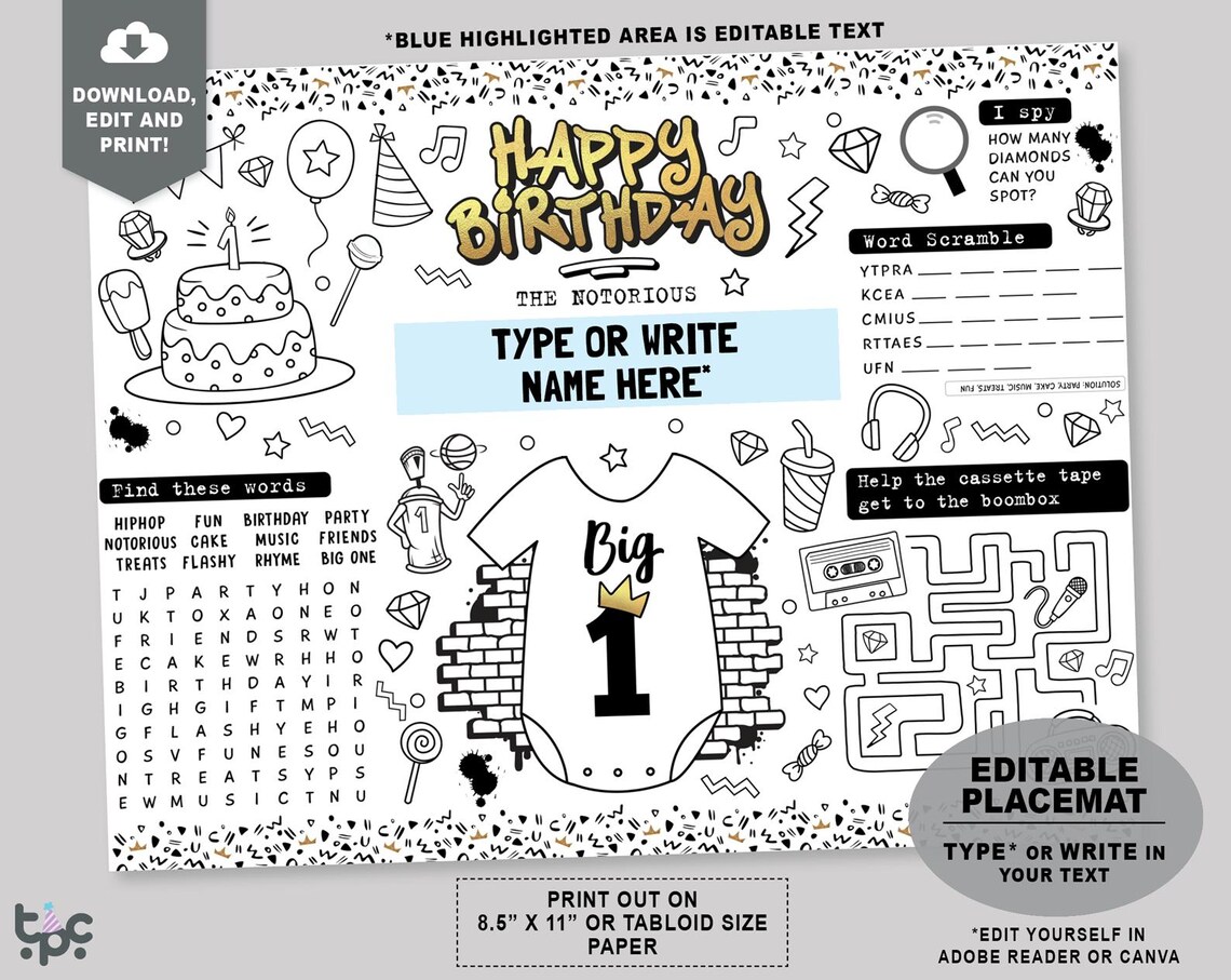 The Notorious Birthday Party Placemat | Printable Big One Kids Coloring ...