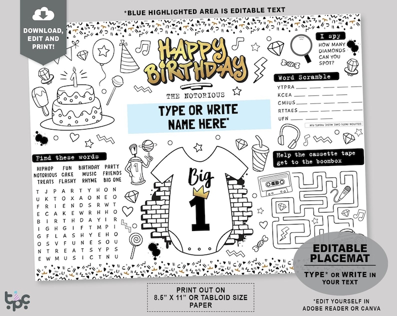 The Notorious Birthday Party Placemat | Printable Big One Kids Coloring ...