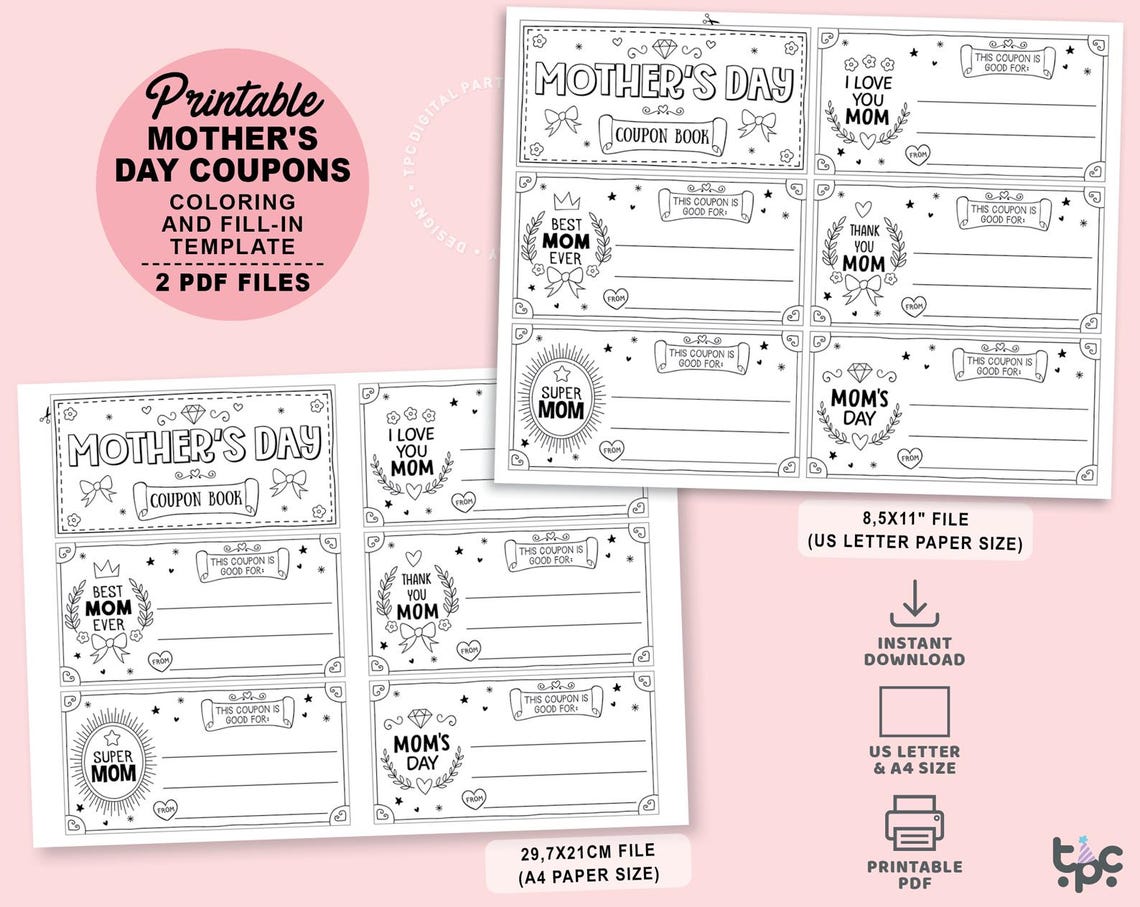 Mother's Day Coupon Book | Printable Kids Gift Mom Coloring Page | Fill ...