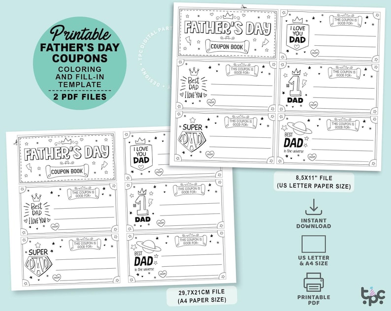 Father's Day Coupon Book | Printable Kids Gift Dad Coloring Page | Fill ...