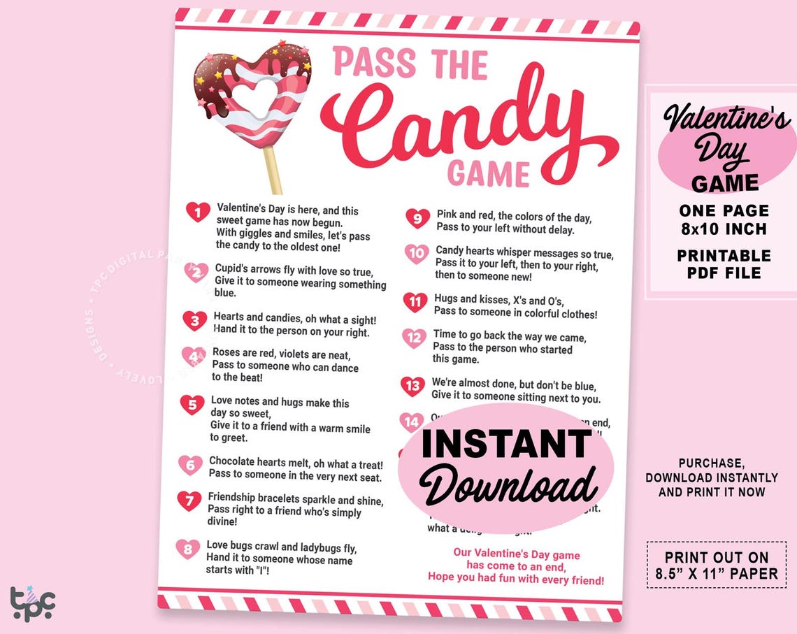 Valentine's Day Pass the Candy Game | Printable Pass the Prize Game ...