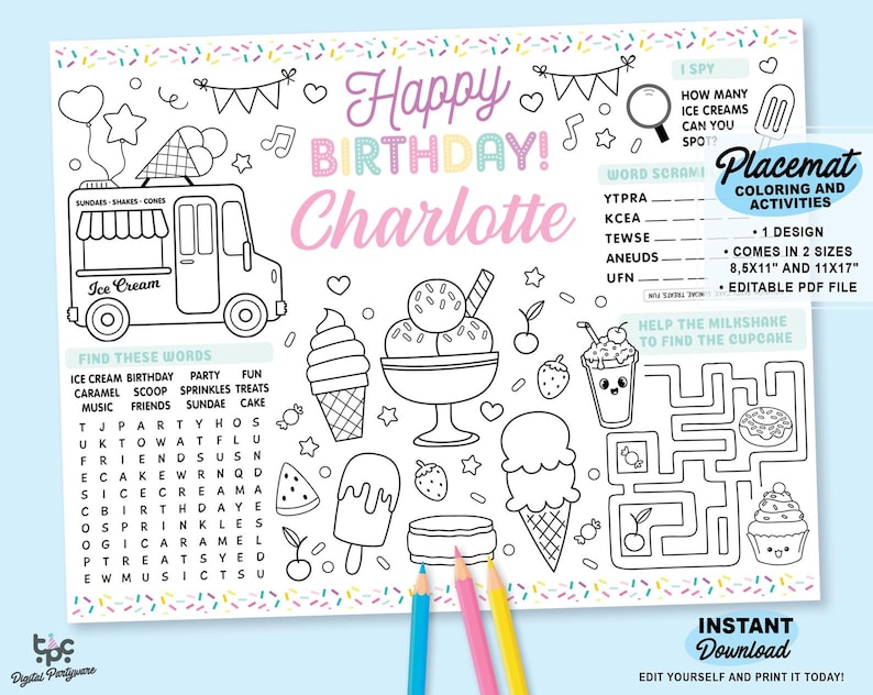 Editable Ice Cream Birthday Party Coloring Placemat | Printable Ice ...