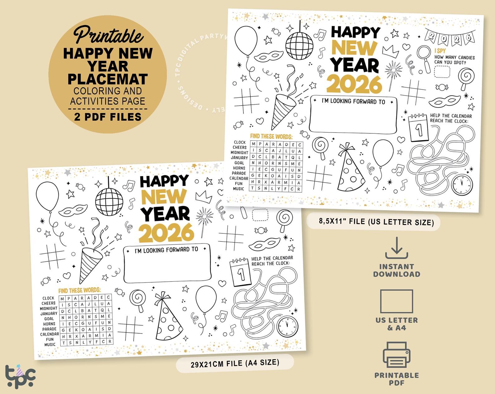 Printable New Years 2026 Placemat | New Years Eve Activity Sheet | My ...