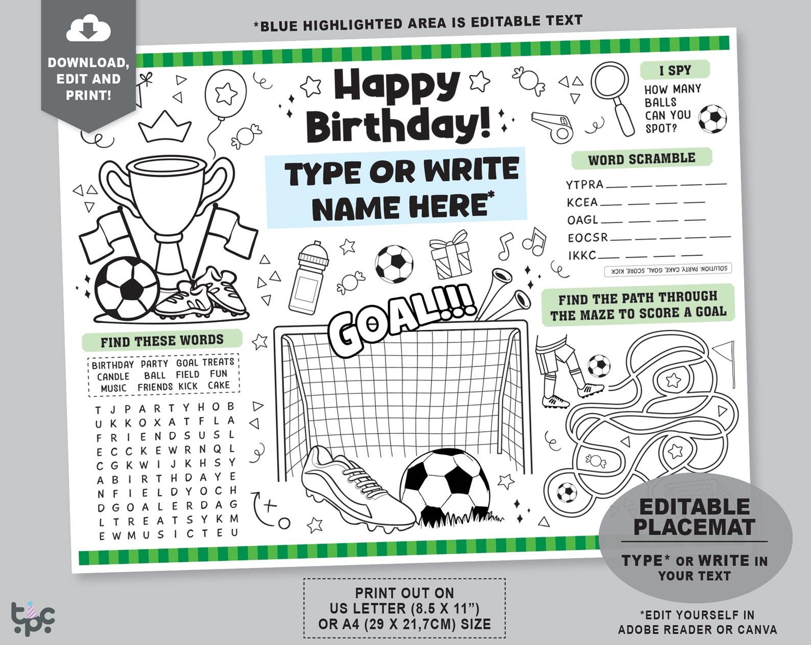 Editable Soccer Party Placemat | Printable Football Birthday Coloring ...