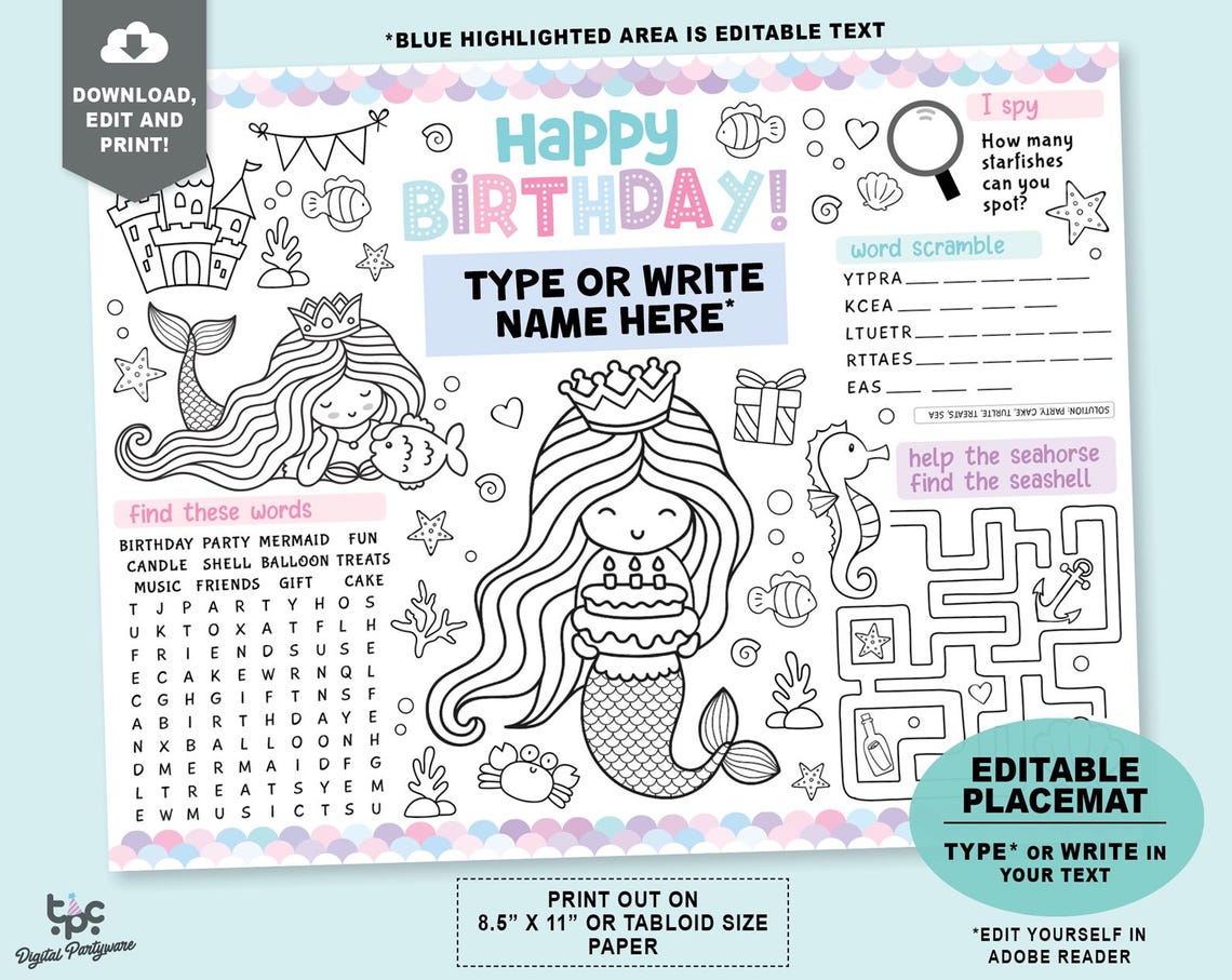 Editable Mermaid Party Placemat | Printable Under the Sea Birthday ...