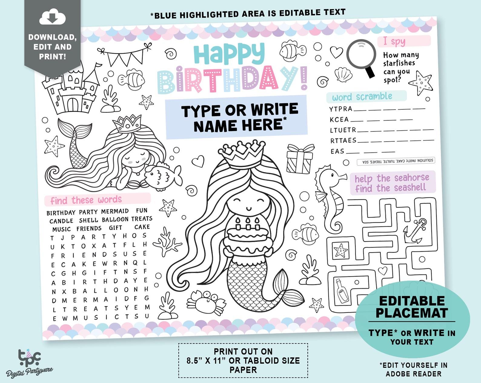 Editable Mermaid Party Placemat | Printable Under the Sea Birthday ...