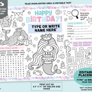 Editable Mermaid Party Placemat | Printable Under the Sea Birthday ...