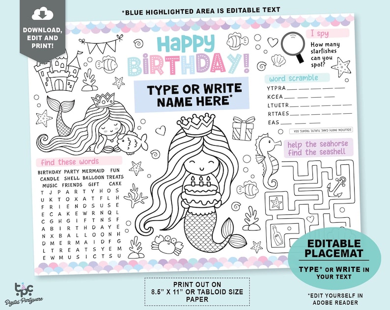 Editable Mermaid Party Placemat | Printable Under the Sea Birthday ...