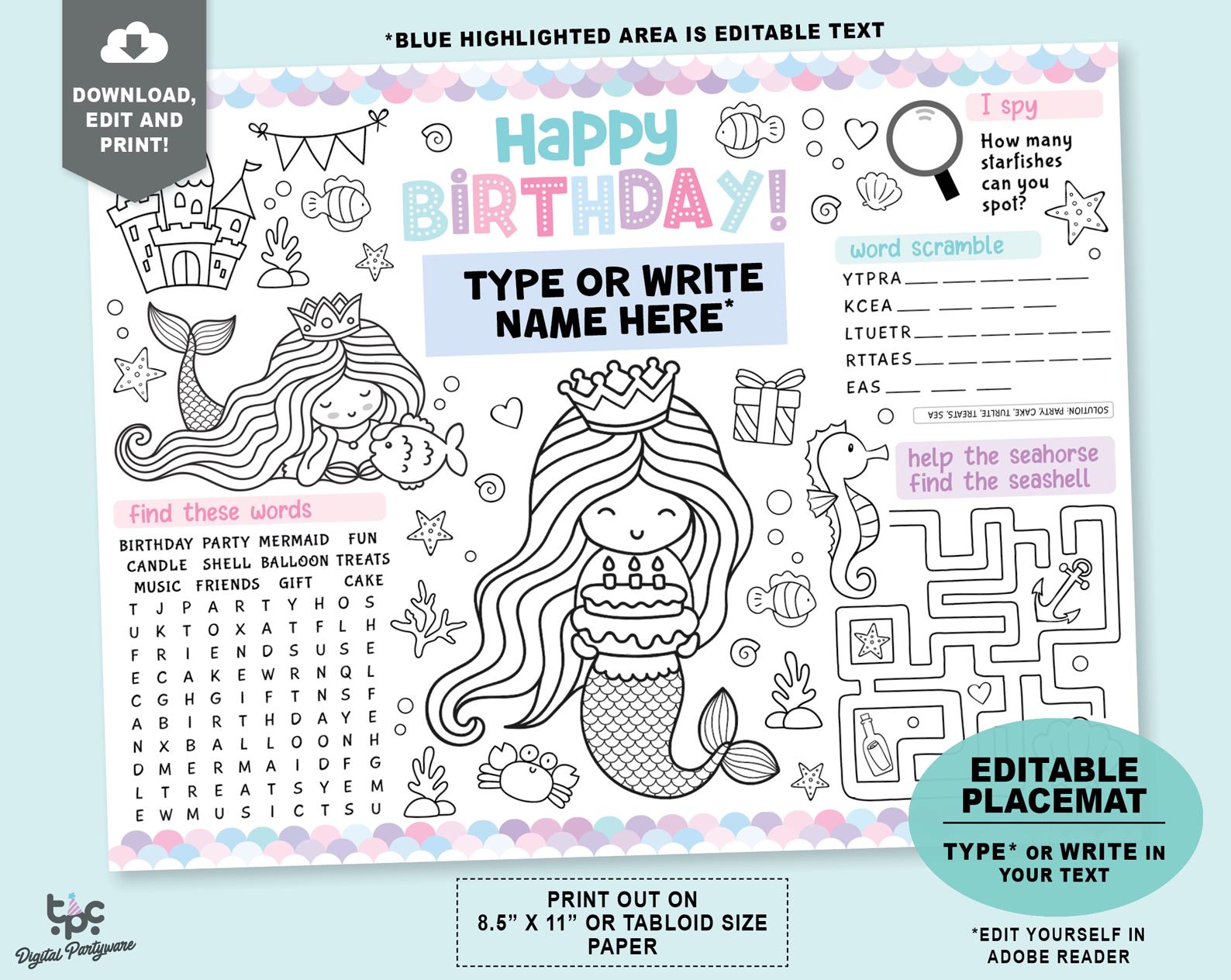 Editable Mermaid Party Placemat | Printable Under the Sea Birthday ...