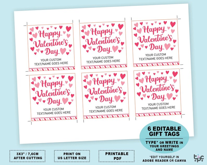 VALENTINES Day Printable Gift Tags | Editable Favor Tags Template | 3 ...