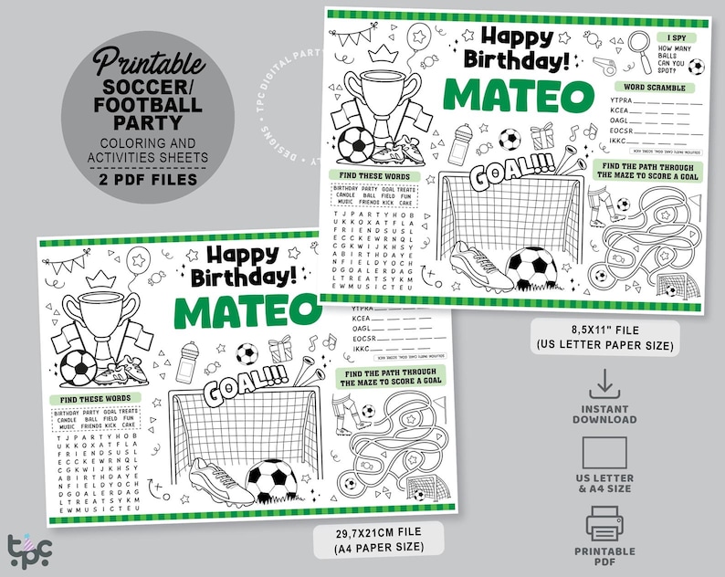 Editable Soccer Party Placemat | Printable Football Birthday Coloring ...