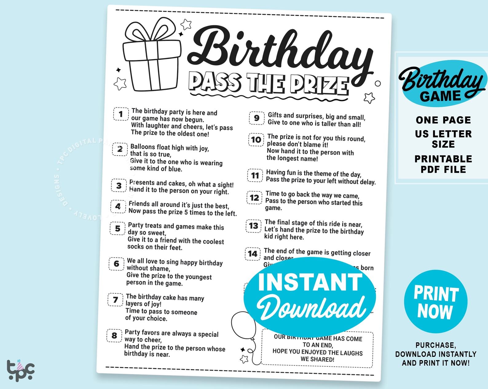 Birthday Pass the Prize Game | Printable Pass the Gift Game | Fun ...