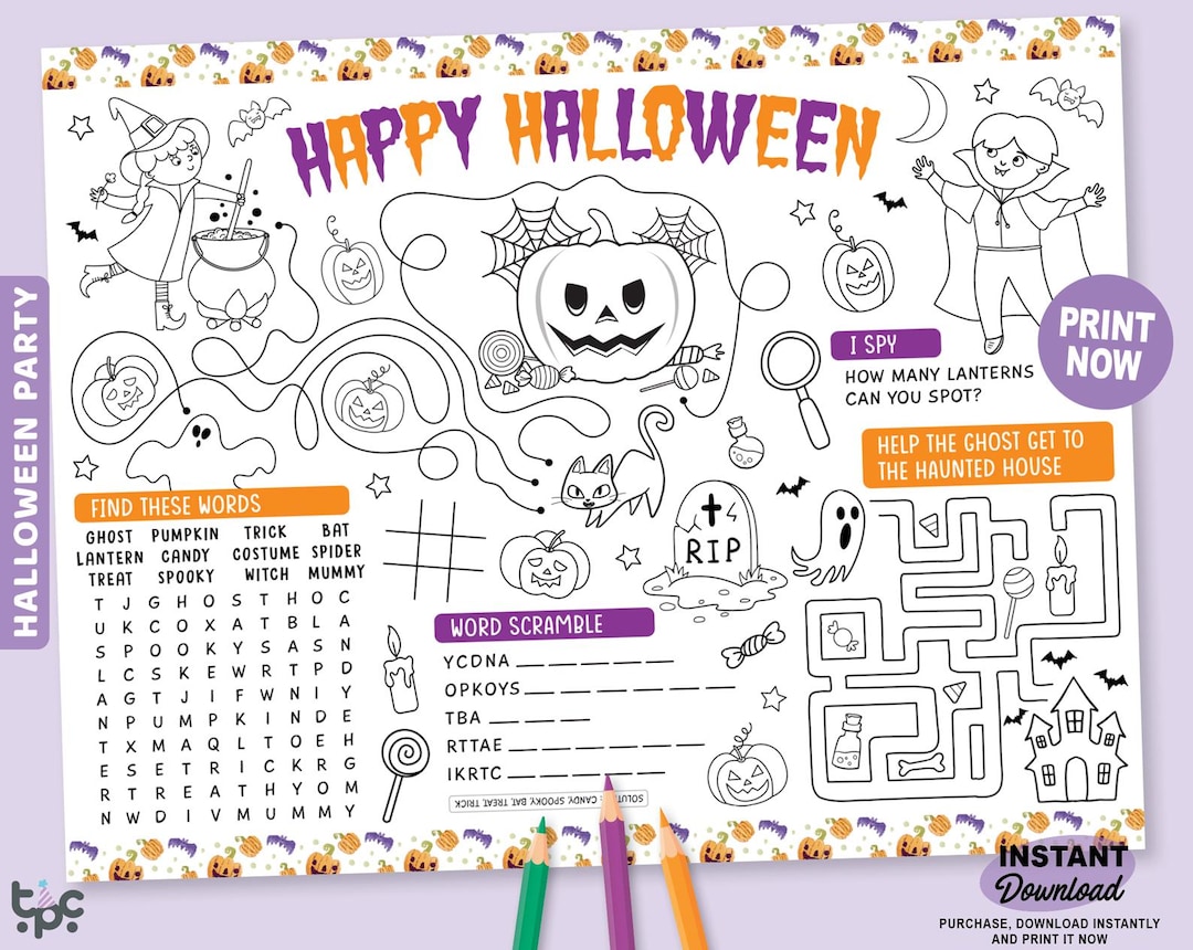 Halloween Coloring Placemat | Printable Happy Halloween Party Coloring ...