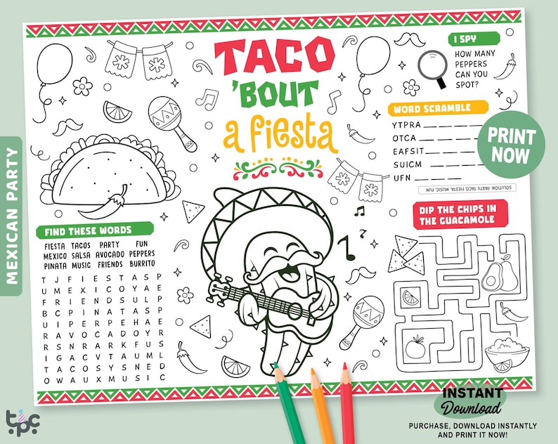 Taco Bout Party Coloring Page | Printable Mexican Fiesta Placemat ...