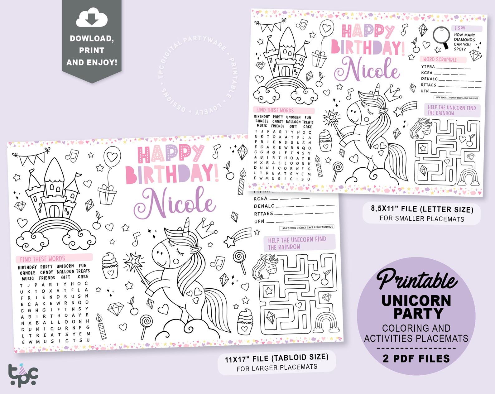 Editable Unicorn Party Coloring Placemat | Printable Pink Rainbow ...