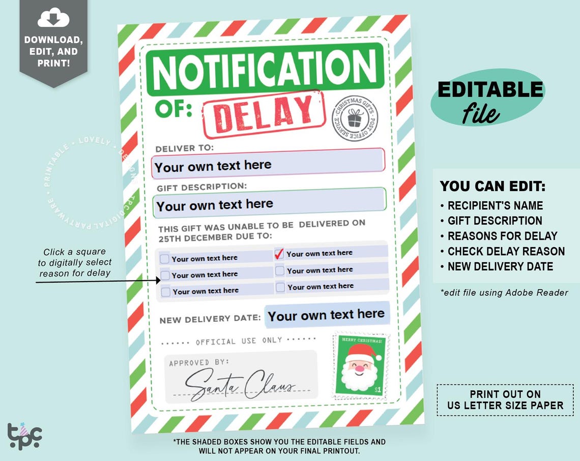 Late Gift Letter From Santa, Editable Notification of Delay Christmas ...