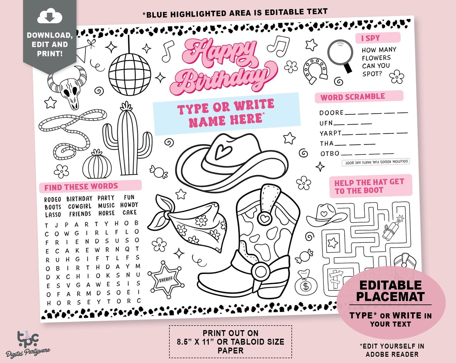 Editable Pink Cowgirl Birthday Party Placemat | Printable Disco Cowgirl ...