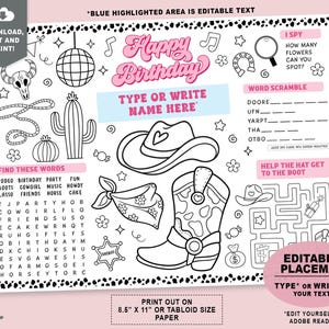 Editable Pink Cowgirl Birthday Party Placemat | Printable Disco Cowgirl ...