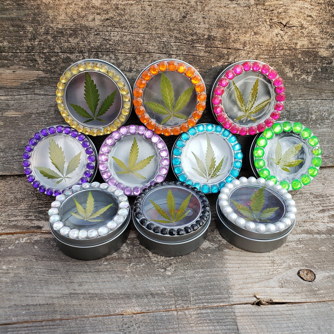 Weed Stash Tiny Tin: Choice of Color Rhinestone Jeweled & Real Cannabis ...