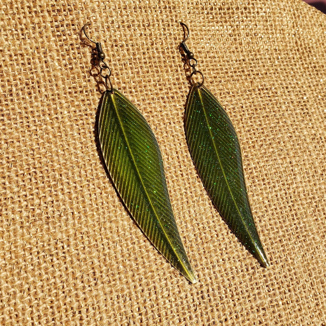 Glittering Leaf Earrings: Minimalist Dangling Sparkling Dark Green Long Tropical Plant Shape ...