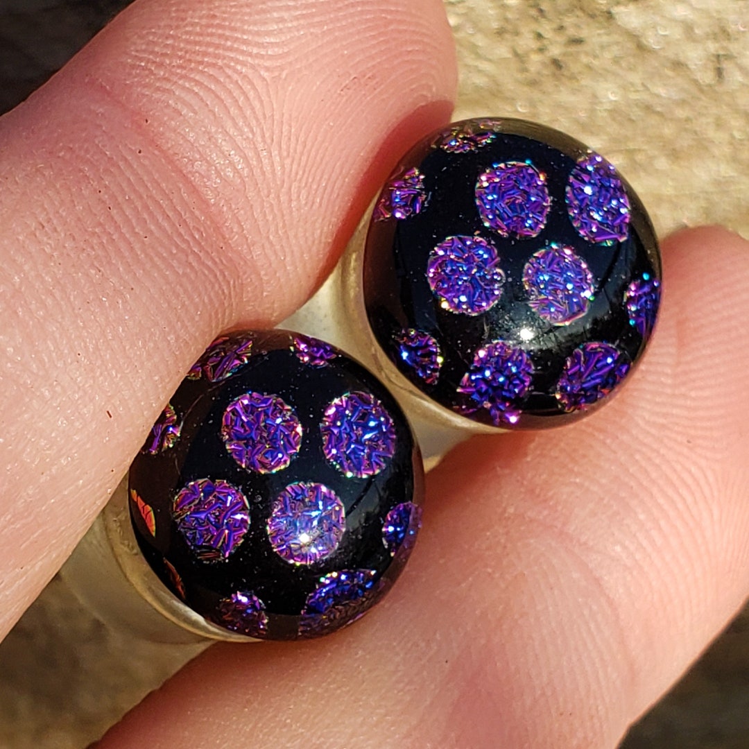 12 Mm Glass Gauged Ear Plugs: Handmade Black Rainbow Polka Dot Dichroic ...