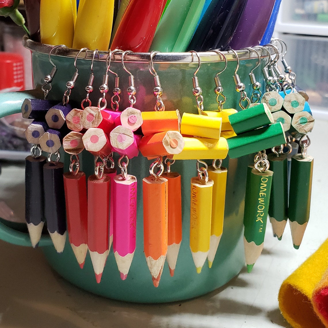 Colored Pencil Earrings: Dangling Tiny Pencils Jewelry Recycled ...