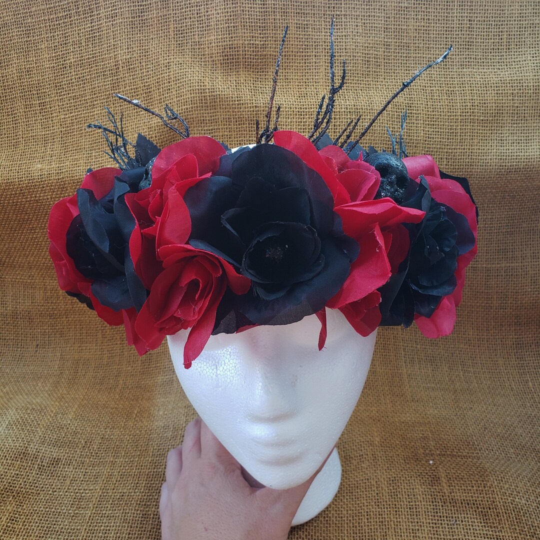 Black & Red Rose Crown: Short Dark Fairy Fey Jet Black Maleficent ...