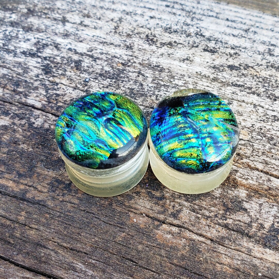 18 Mm Gauged Glass Ear Plugs: Handmade Blue Green Gold Waves Color ...