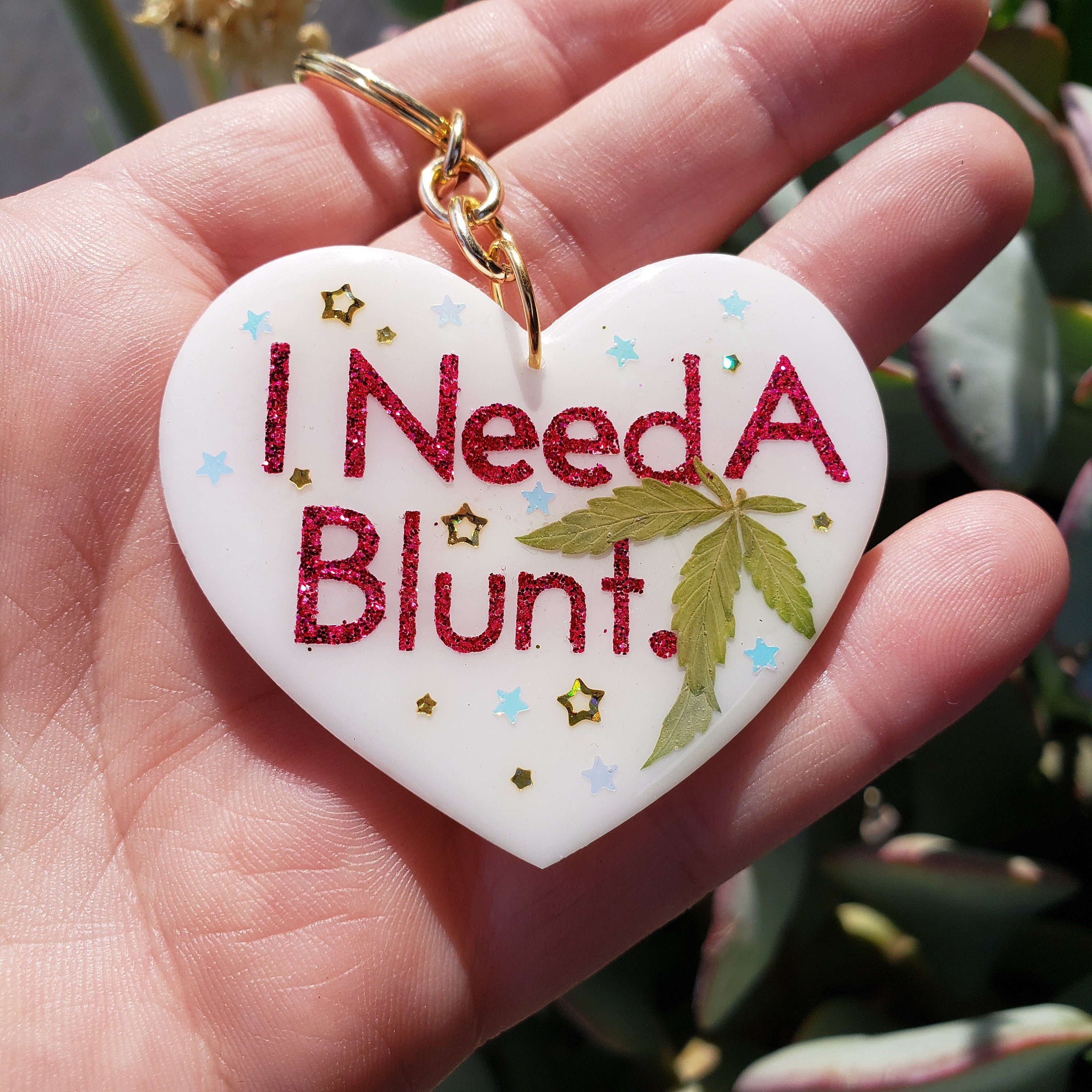 Weed Leaf Keychain: I Need A Blunt Flat Heart Glitter & Gold | Etsy UK