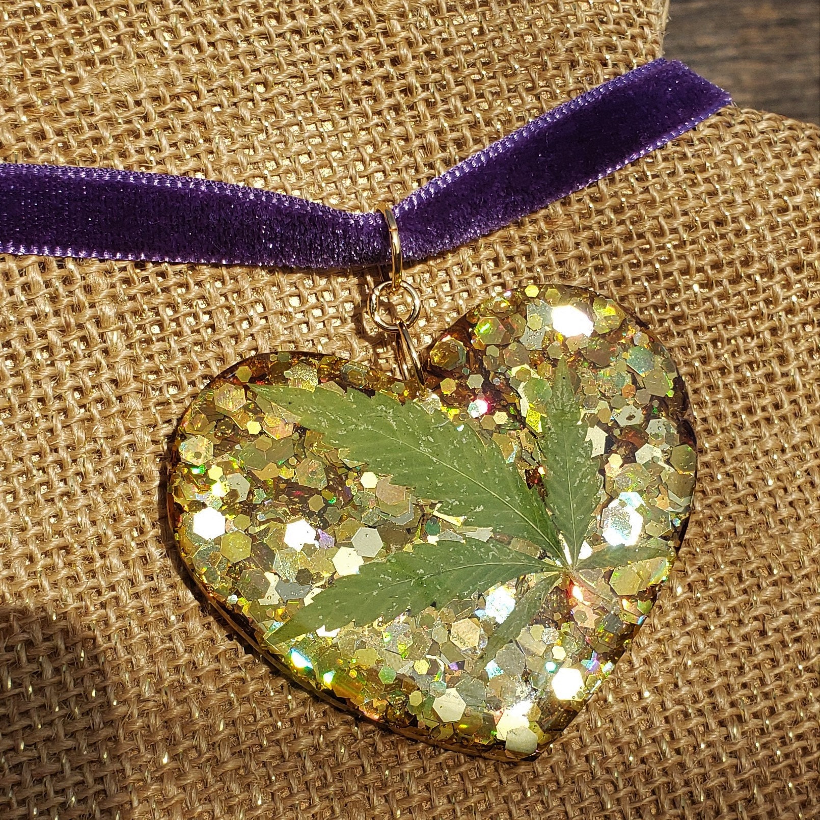 Heart Choker Gold Glitter Weed Leaf Necklace: Purple Velvet Soft Choker ...