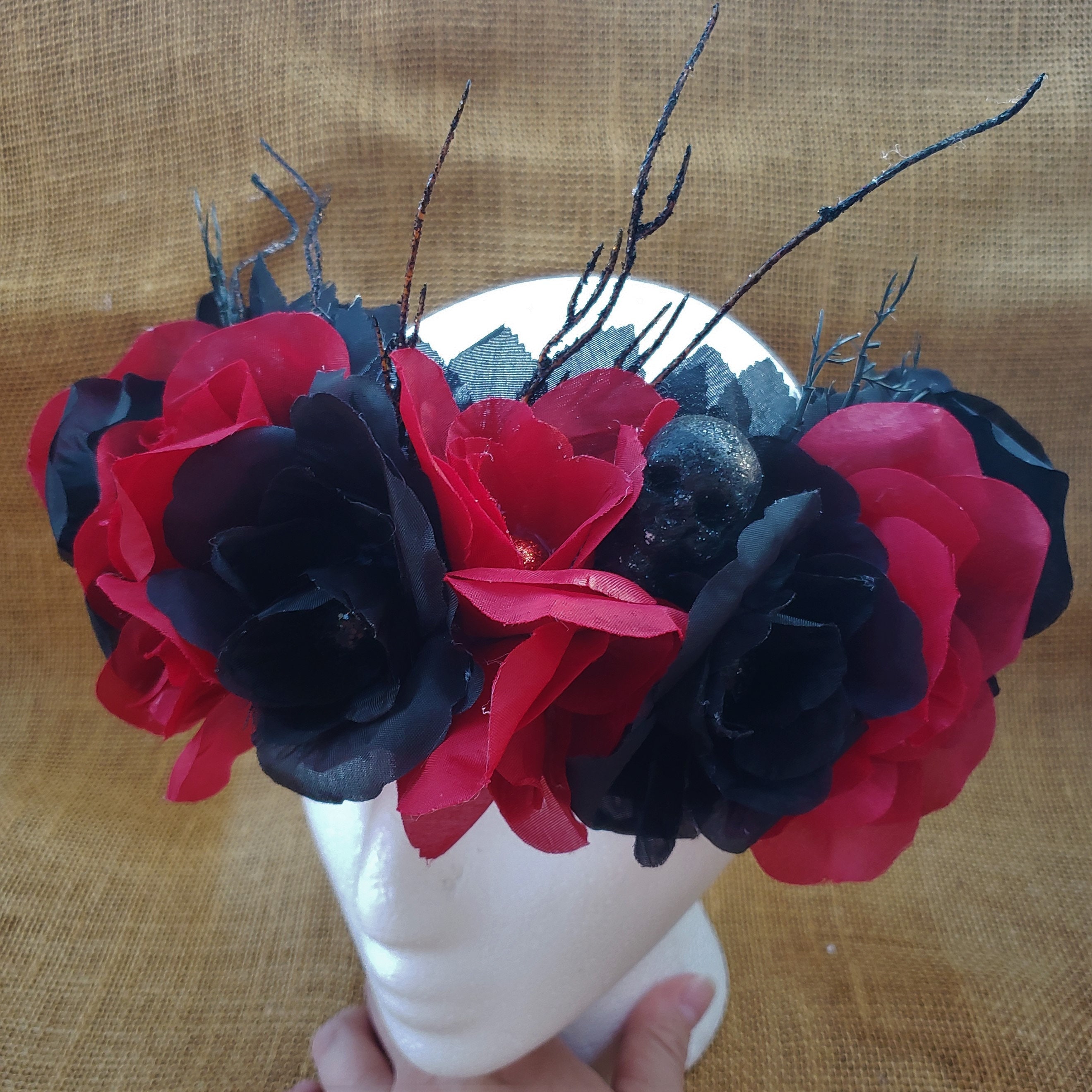Black & Red Rose Crown: Short Dark Fairy Fey Jet Black Maleficent ...
