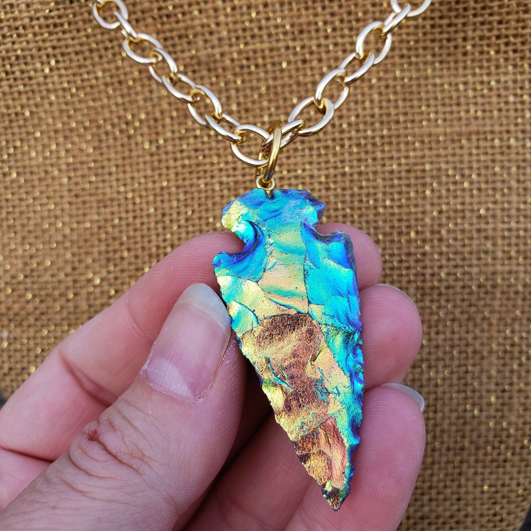 Arrowhead Statement Necklace: Aura Quartz Arrow Head Rainbow Gold ...