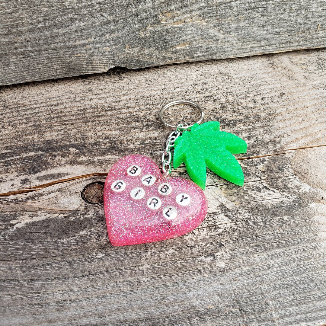 Weed Keychain: BABY GIRL Handmade Resin Bright Pink Puffy Heart Shaped ...