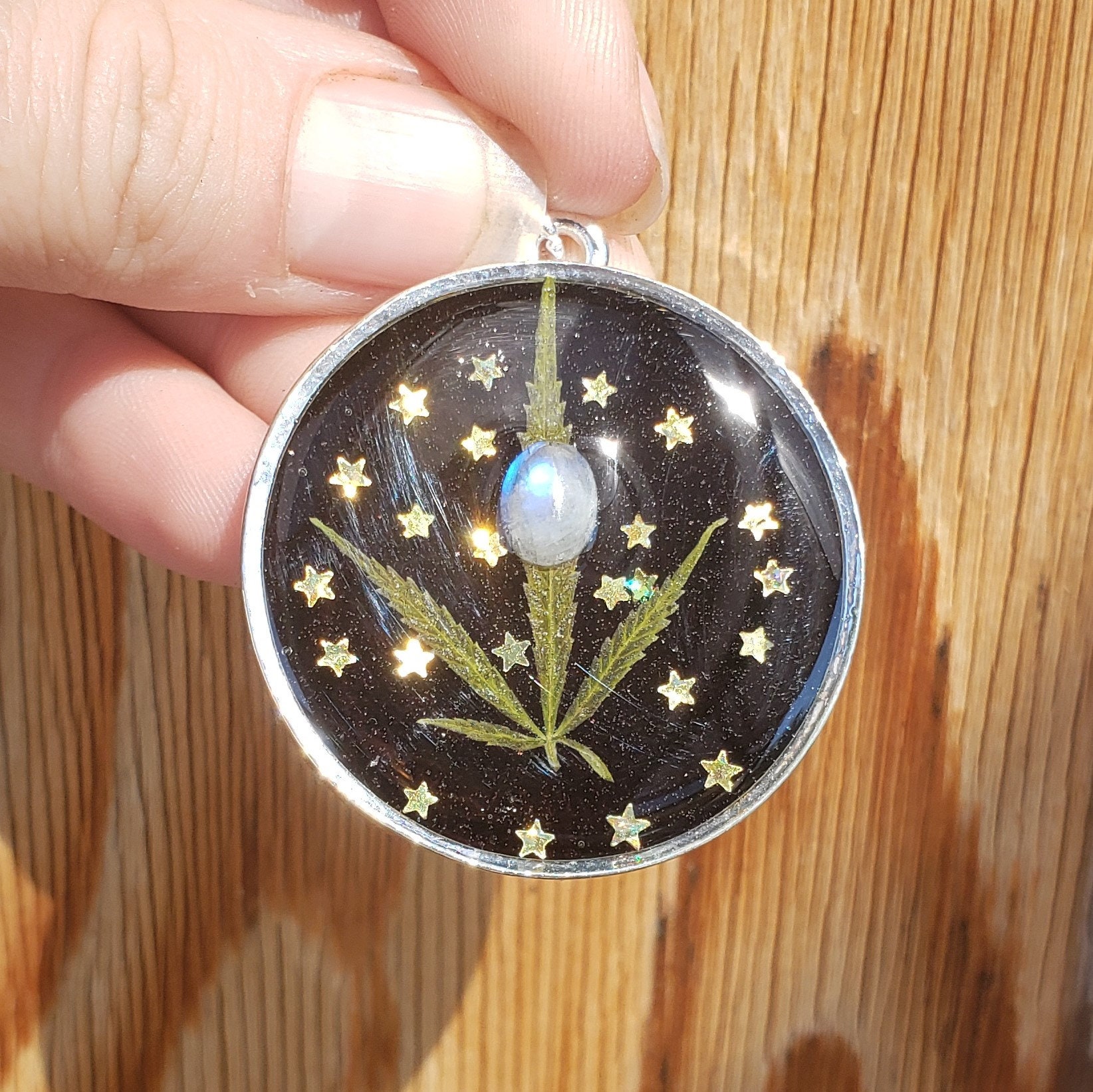Starry Night Moonstone Weed Leaf Necklace: Resin Real Cannabis | Etsy