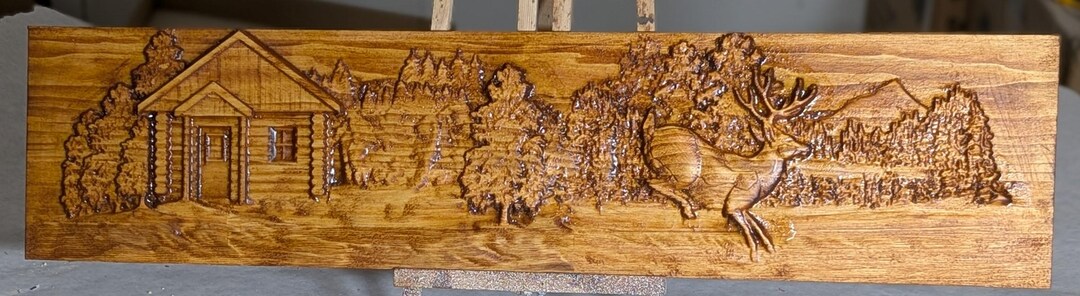 3D Vcarve Aspen Wood Carving, Cabin & Buck Landscape, Golden Pecan ...