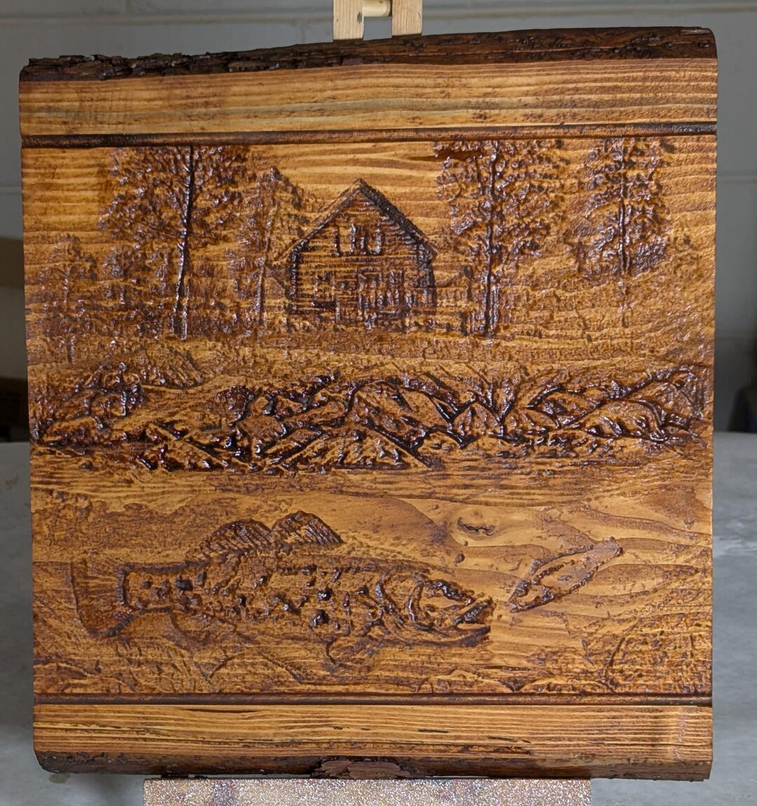 Tamarack Live Edge 3D Carved Fish Camp, Summer Oak Finish - Etsy