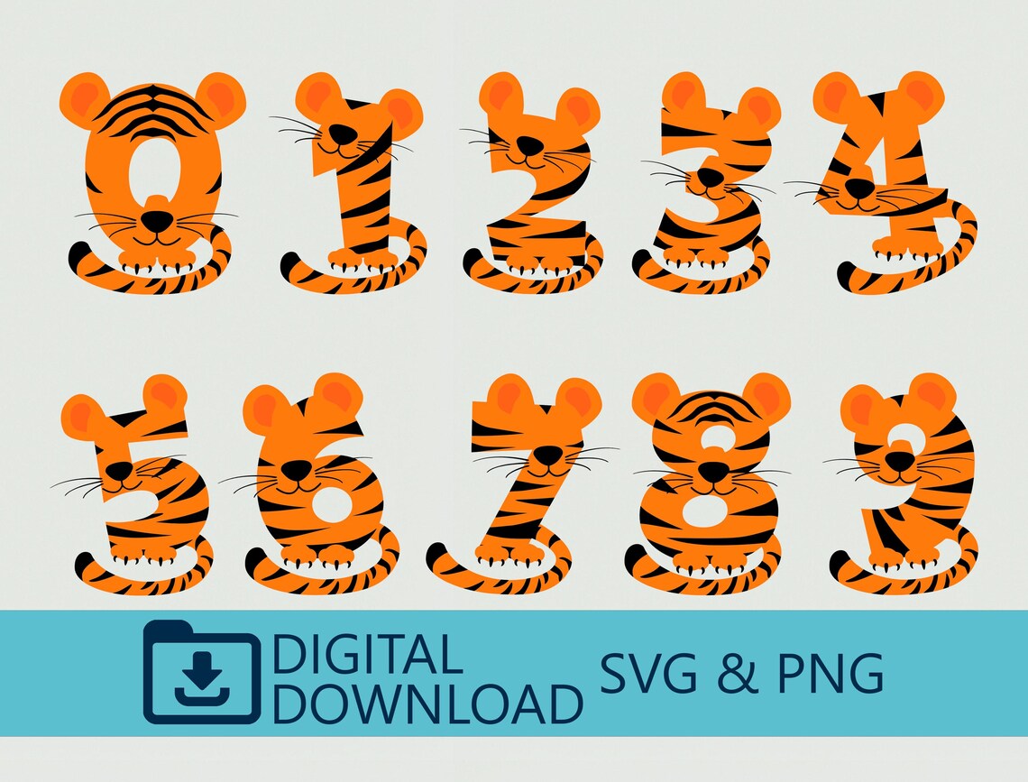 Cute Tiger Numbers SVG & PNG Digital Download - Tiger Clipart, Number ...