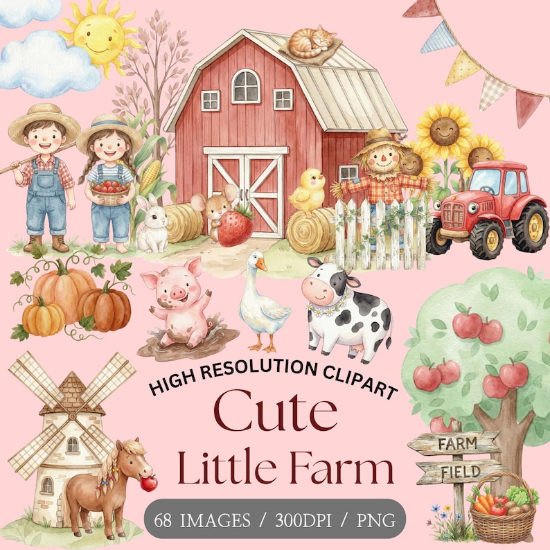 Cute Little Farm Watercolor Clipart: Baby Animals, Barn & Tractor for ...