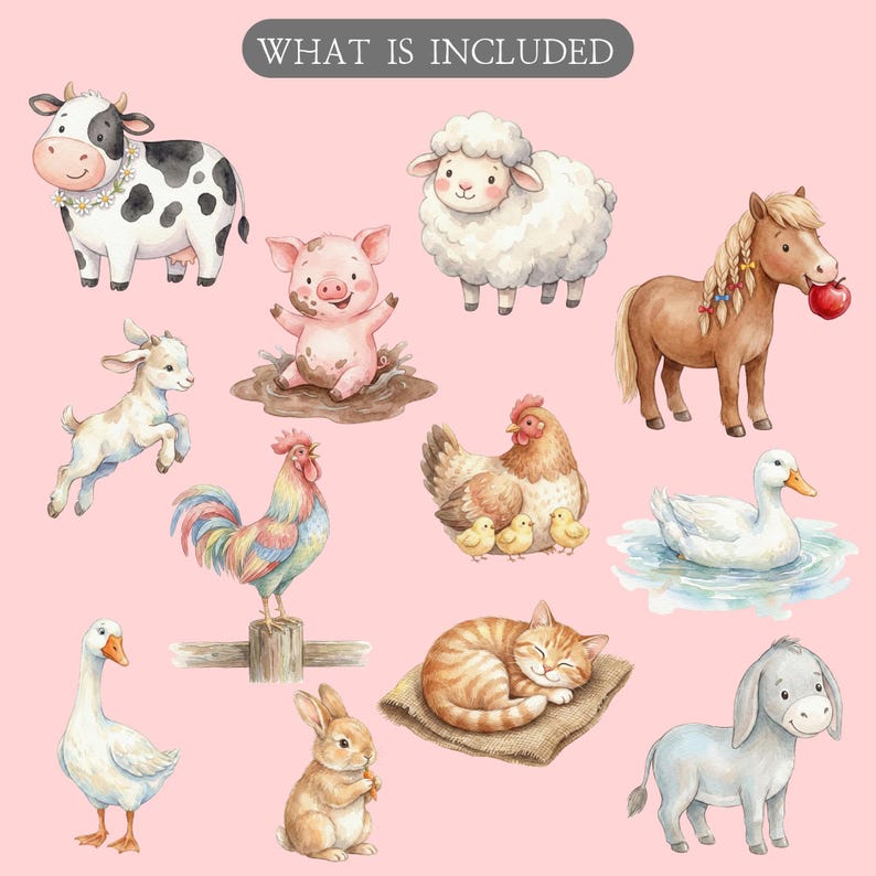 Cute Little Farm Watercolor Clipart: Baby Animals, Barn & Tractor for ...