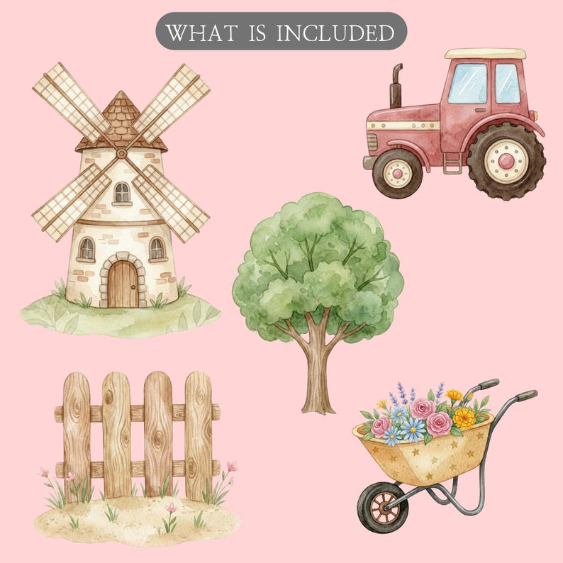 Cute Little Farm Watercolor Clipart: Baby Animals, Barn & Tractor for ...