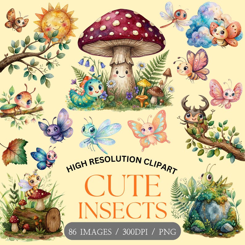 Watercolor Cute Insects Clipart Set Bundle: PNG Digital Download ...